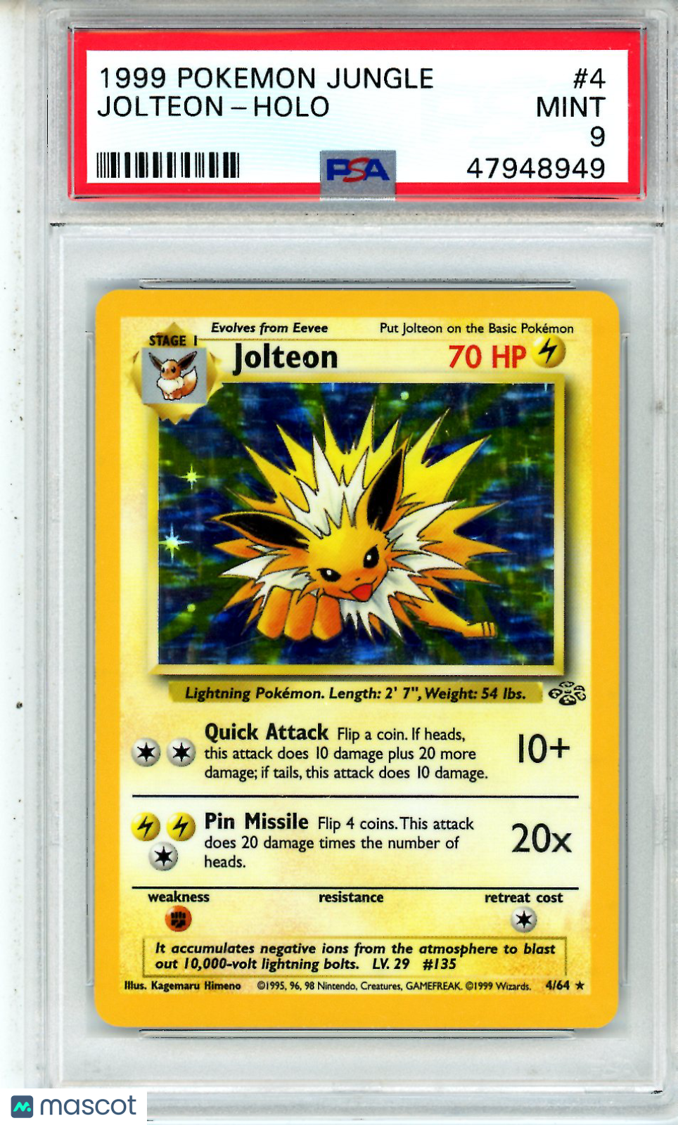 1999 Pokemon Jungle Jolteon HOLO #4 PSA 9 MINT - Dick