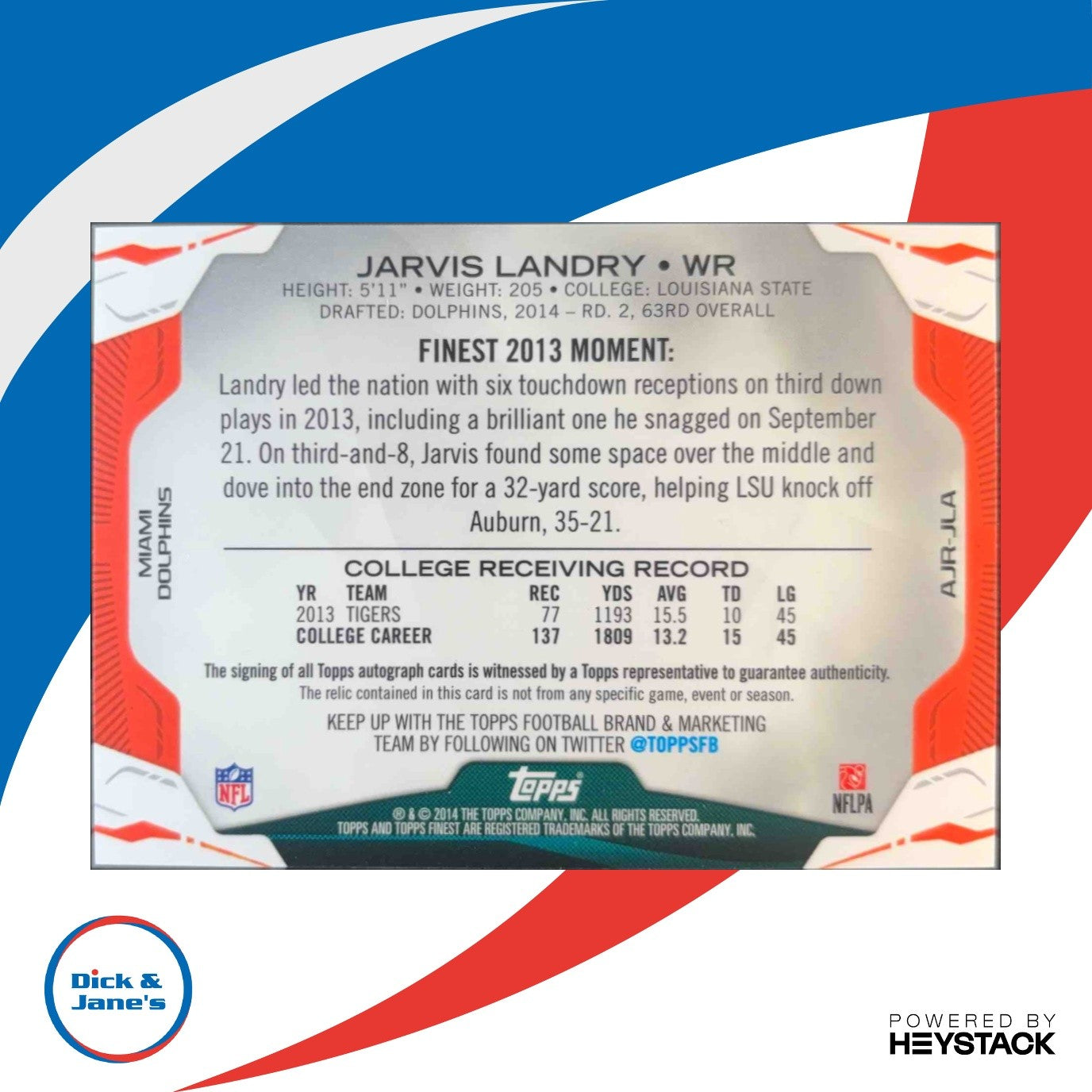 2014 Topps Finest Jarvis Landry Jumbo Jersey Auto Gold