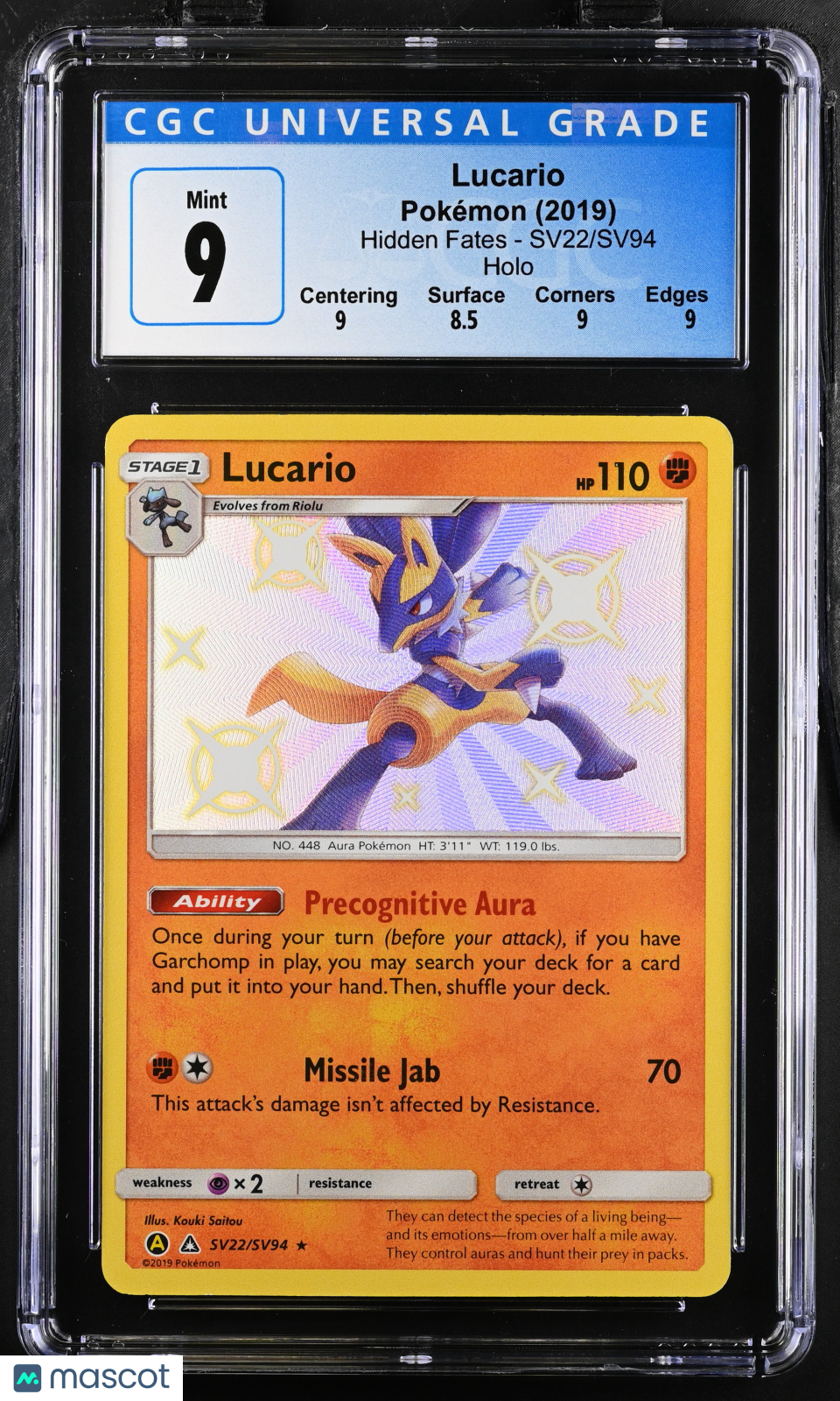 2019 Pokemon Hidden Fates Lucario #SV22/SV94 CGC 9