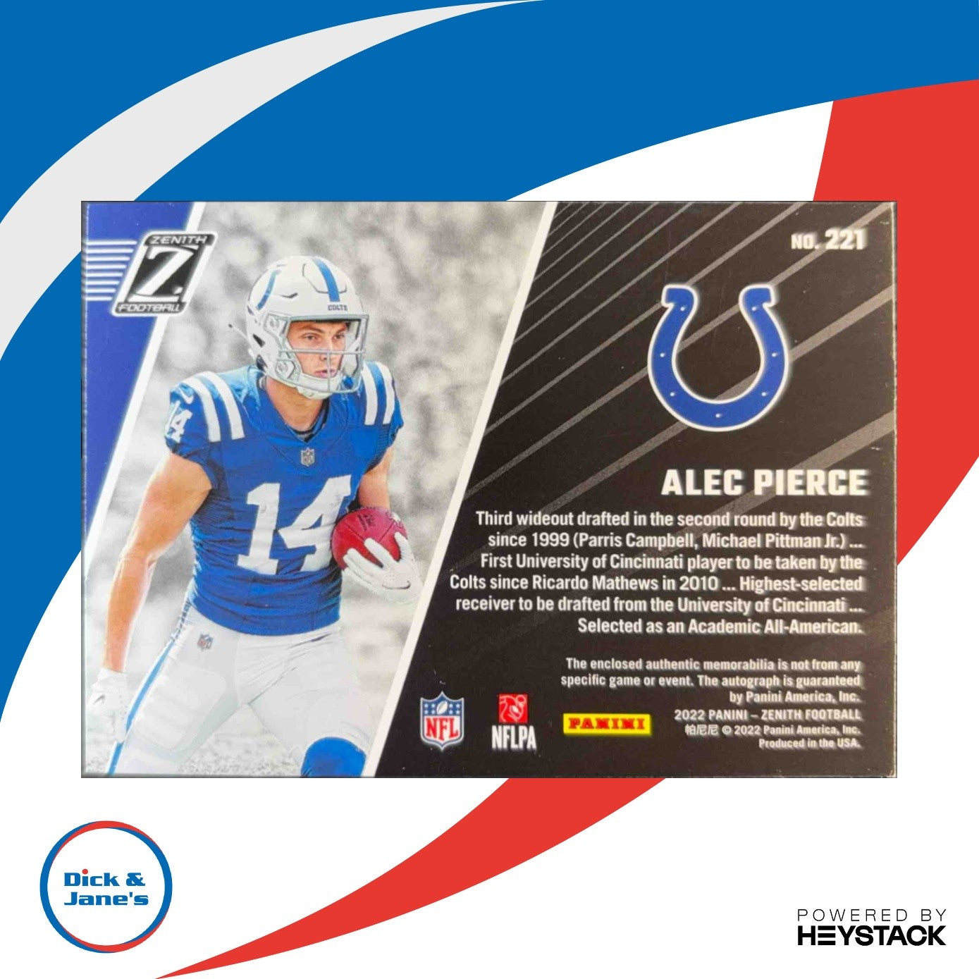 2022 Panini Zenith Alec Pierce 26/299 #221 RC Auto