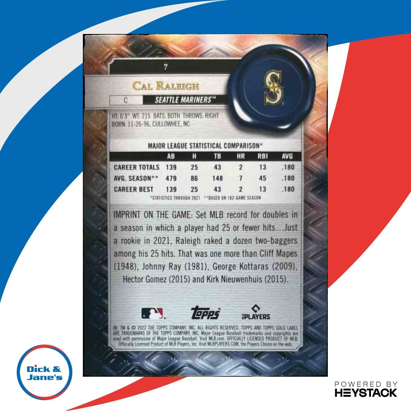 2022 Topps Gold Label Cal Raleigh Class 3 #7 RC